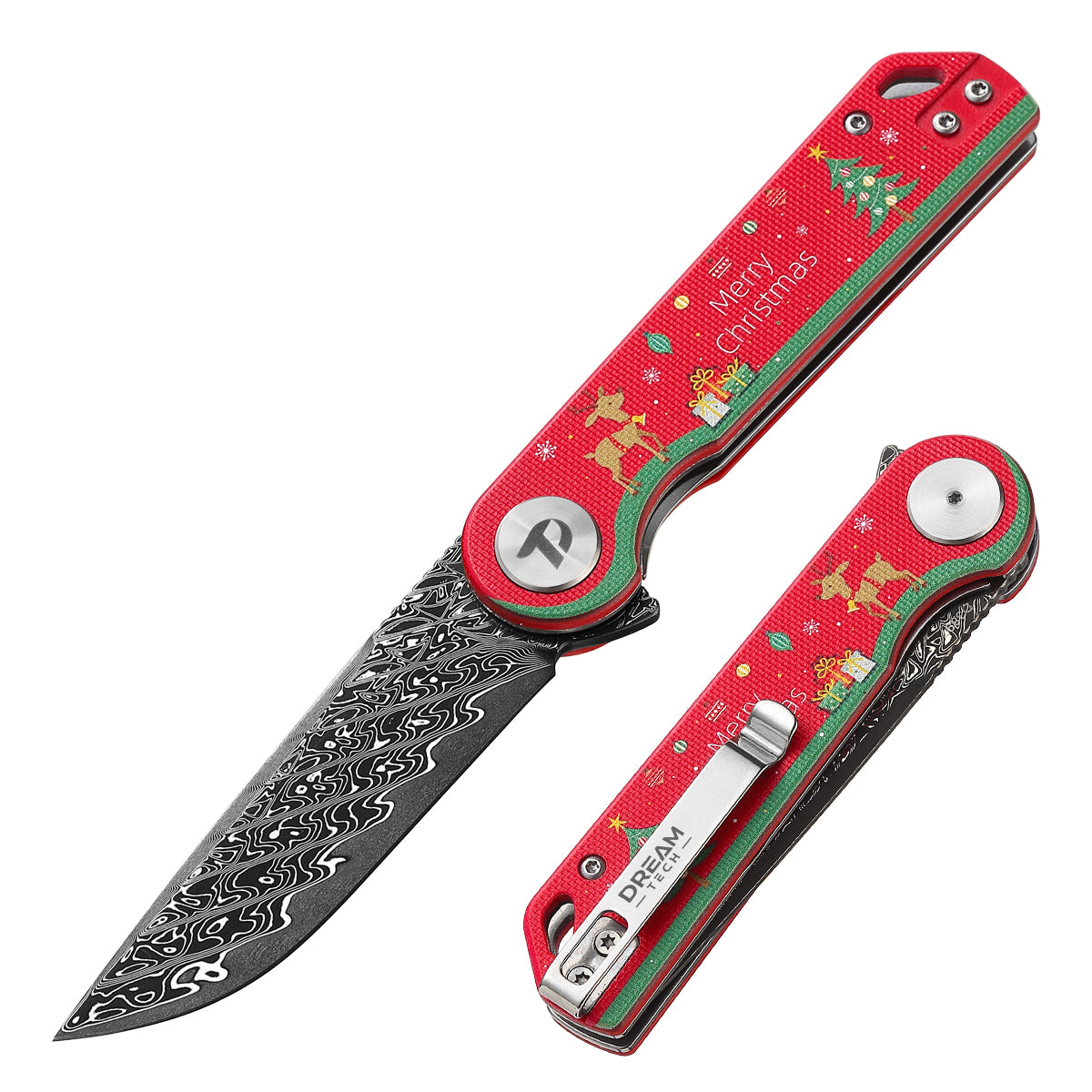 DREAMTECH Merry Christmas Knife Folding Knife G10 Handle Damascus Knif ...